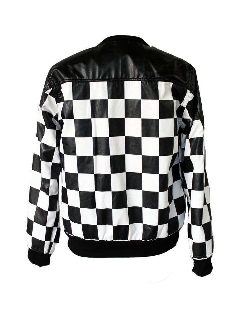 Mens Checkered Vegan Bomber Leather Jacket - AirBorne Jacket
